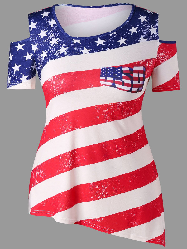 American Flag Cold Shoulder Asymmetric T-shirt - Power Day Sale