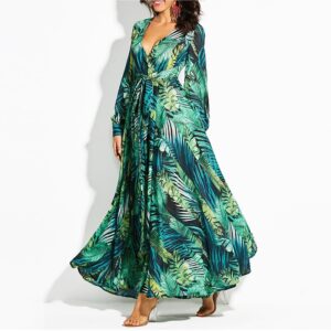 Lantern Sleeve V-neck Leaf Print Dress - Power Day Sale