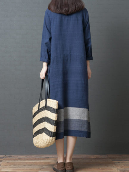 Linen Striped Patchwork Long Sleeve Dress - Power Day Sale