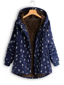 Cartoon Cat Print Hooded Coat - Power Day Sale