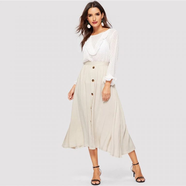 Lady Beige Button Up Flared Maxi Skirts - Power Day Sale