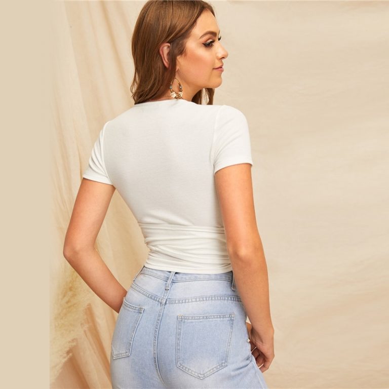Sexy White Deep V Neck Crop Wrap Belted Slim Fitted Solid T Shirt - Power Day Sale
