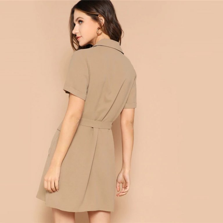 Women Multi-pocket Button Casual Short Sleeve Belted Dress - Power Day Sale
