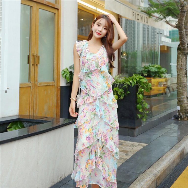Casual Ruffles Layer Print Long Dresses - Power Day Sale