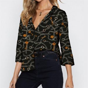 Chain Print Long Sleeve Chiffon Blouse - Power Day Sale