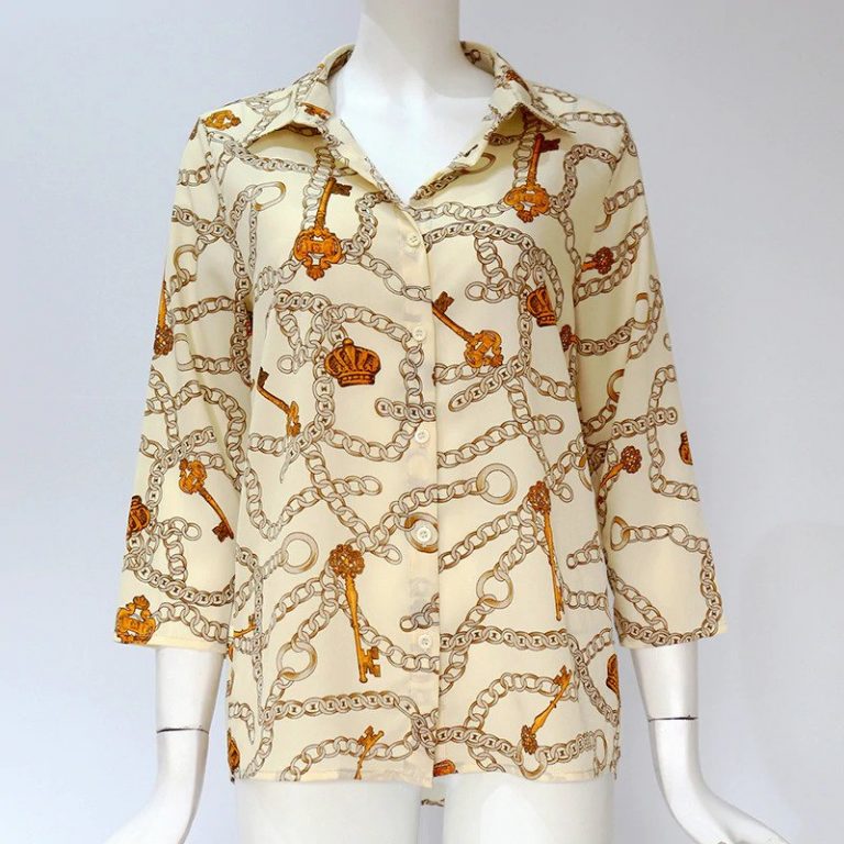 Chain Print Long Sleeve Chiffon Blouse - Power Day Sale