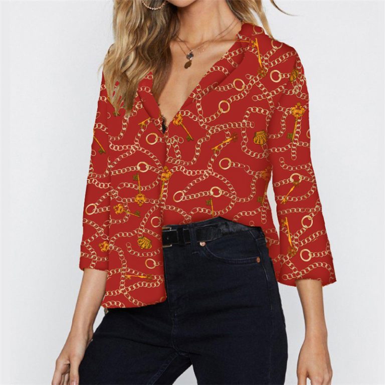 Chain Print Long Sleeve Chiffon Blouse - Power Day Sale