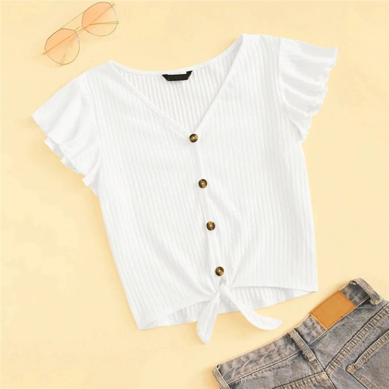 Office Lady Button Front Deep V Neck Workwear Tshirt - Power Day Sale