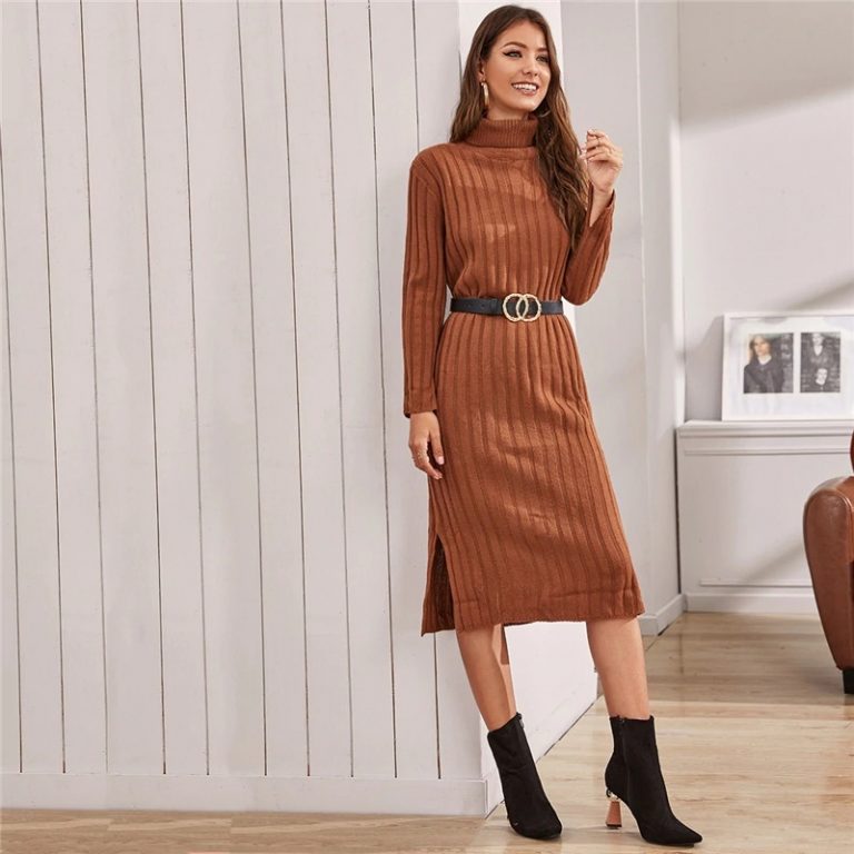 Solid Ribbed knit Long Sleeve Casual Sweater Dress - Power Day Sale