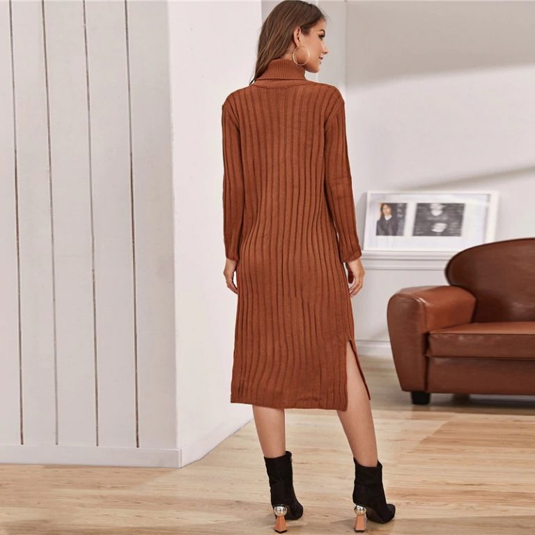 Solid Ribbed knit Long Sleeve Casual Sweater Dress - Power Day Sale