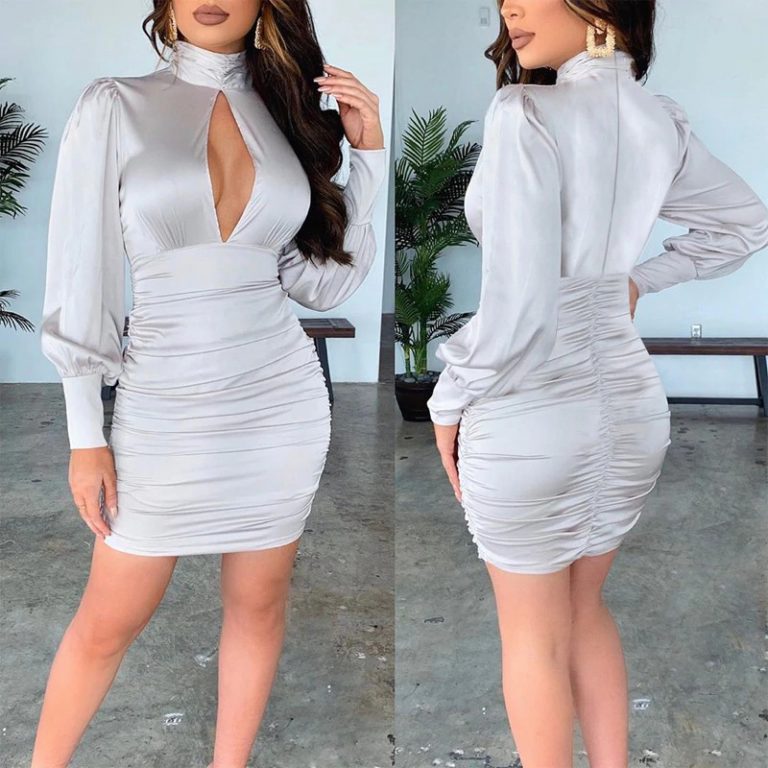 Satin Silk Pleated Backless Turtleneck Slim Bodycon Party Dress - Power ...