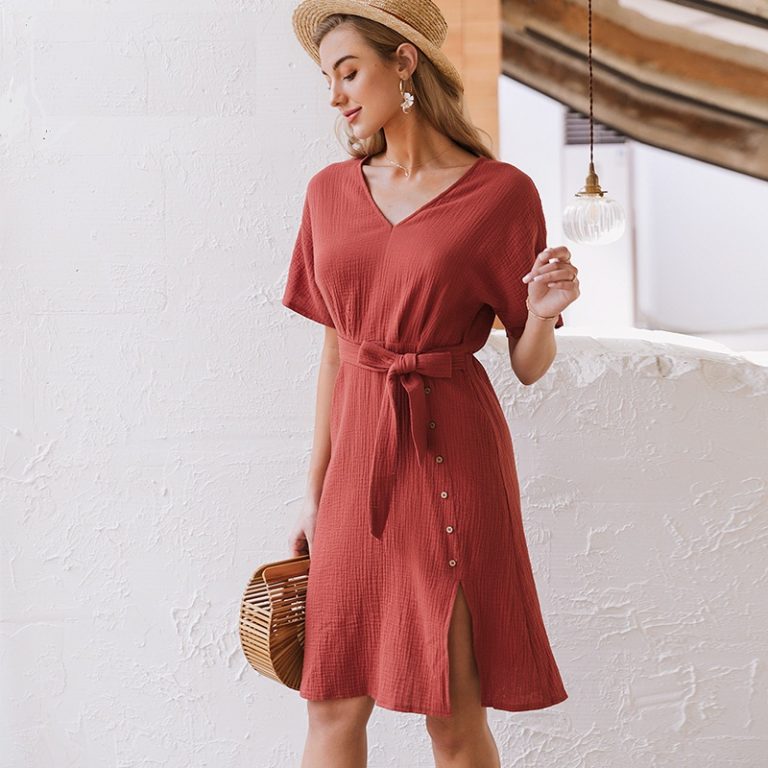 Casual Sash Button Robe Slit Solid Beach Dress - Power Day Sale