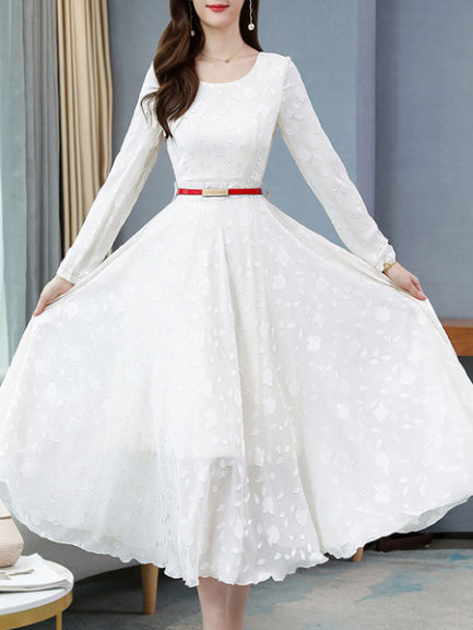 Skater Jewel Neck Long Sleeves Pleated Floral Print Layered Classic ...