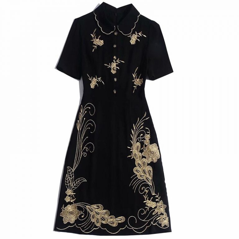 Vintage Short Sleeve Runway Gold Line Embroidery High Quality Dress ...