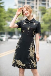 Vintage Short Sleeve Runway Gold Line Embroidery High Quality Dress ...