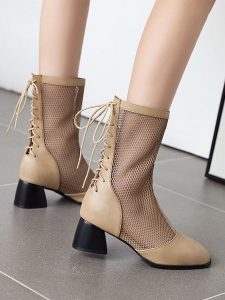 Mesh Boots Block Heel Square Toe Boots - Power Day Sale