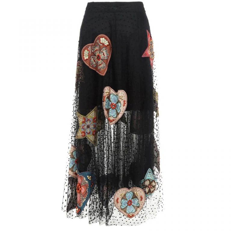luxury Beaded Applique Flocking Dot Long Tulle Maxi Skirt - Power Day Sale