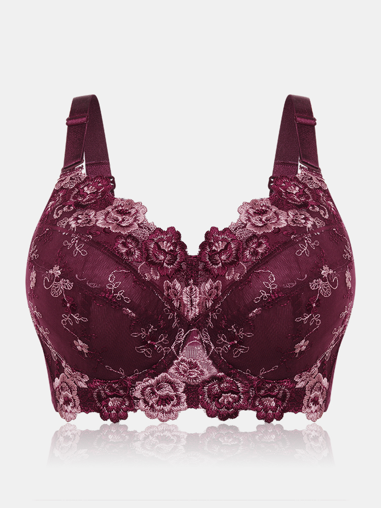 Floral Embroidery Full Coverage Adjustable Push Up Bra - Power Day Sale