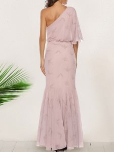 Three-fourth Length Sleeves Floral Print One-Shoulder Pleated Layered ...