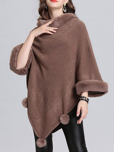 Poncho High Collar Layered Fringe Cape With Pom Pom - Power Day Sale