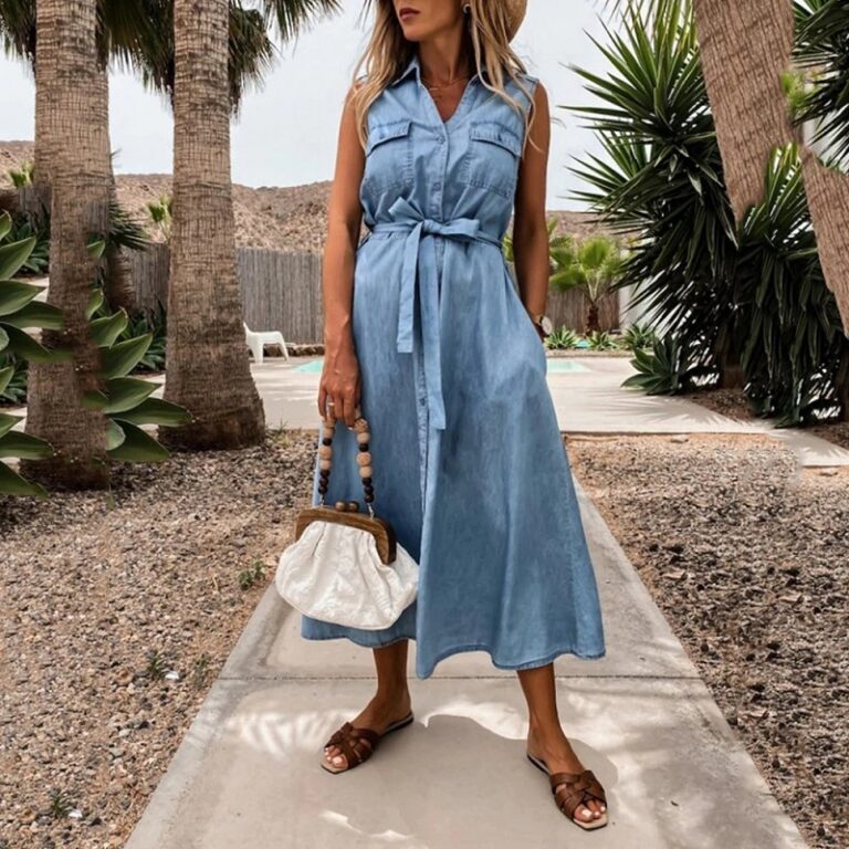 Sleeveless Long Lace Up Buttoned Denim Dress - Power Day Sale
