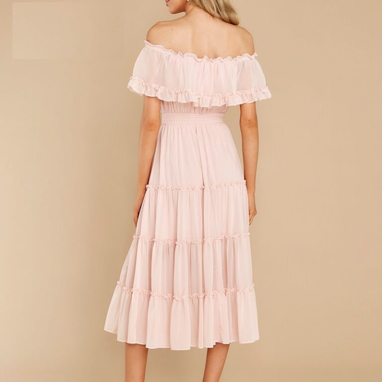 off Shoulder ruffle pleated short sleeve A-line casual midi dress ...