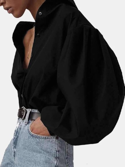 Chic Lantern Sleeve Solid Color Casual Blouse Shirts - Power Day Sale