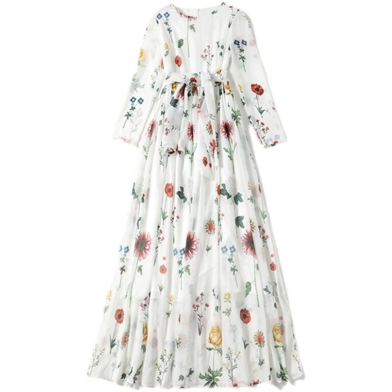 Bohemian Foral Printed Chiffon Maxi Dress O Neck Long Sleeve Beach Boho Dress - Power Day Sale