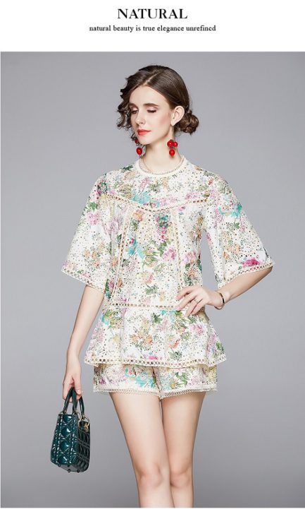 Elegant Embroidery Lace Hollow Out Shirt Top + Wide Leg Shorts Two ...