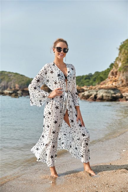 Sexy Star Print Chiffon Beach Cover Up - Power Day Sale