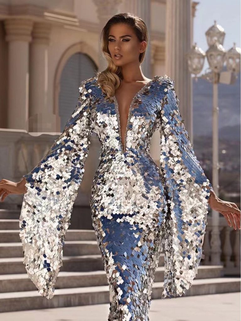 Elegant Luxury V Neck Long Sleeve Sequin Slim Fit Dress - Power Day Sale