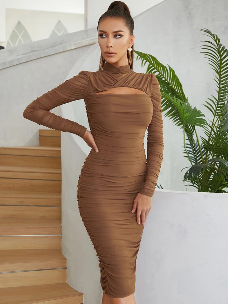 Pleated Long Sleeve Hollow Bodycon Dress - Power Day Sale