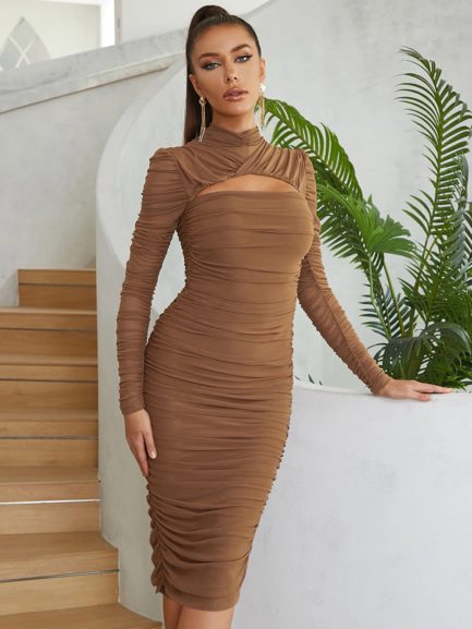 Pleated Long Sleeve Hollow Bodycon Dress - Power Day Sale